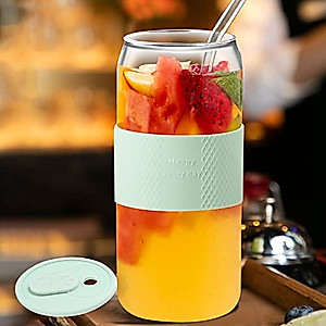 Vozoka 20oz Beer Can-Shaped Cup with Silicone Lids and Sleeve, Iced Coffee Cup Reusable, Glass Tumbler, Drinking Glass, Smoothie Cups, Tea Cup (Sky Blue)