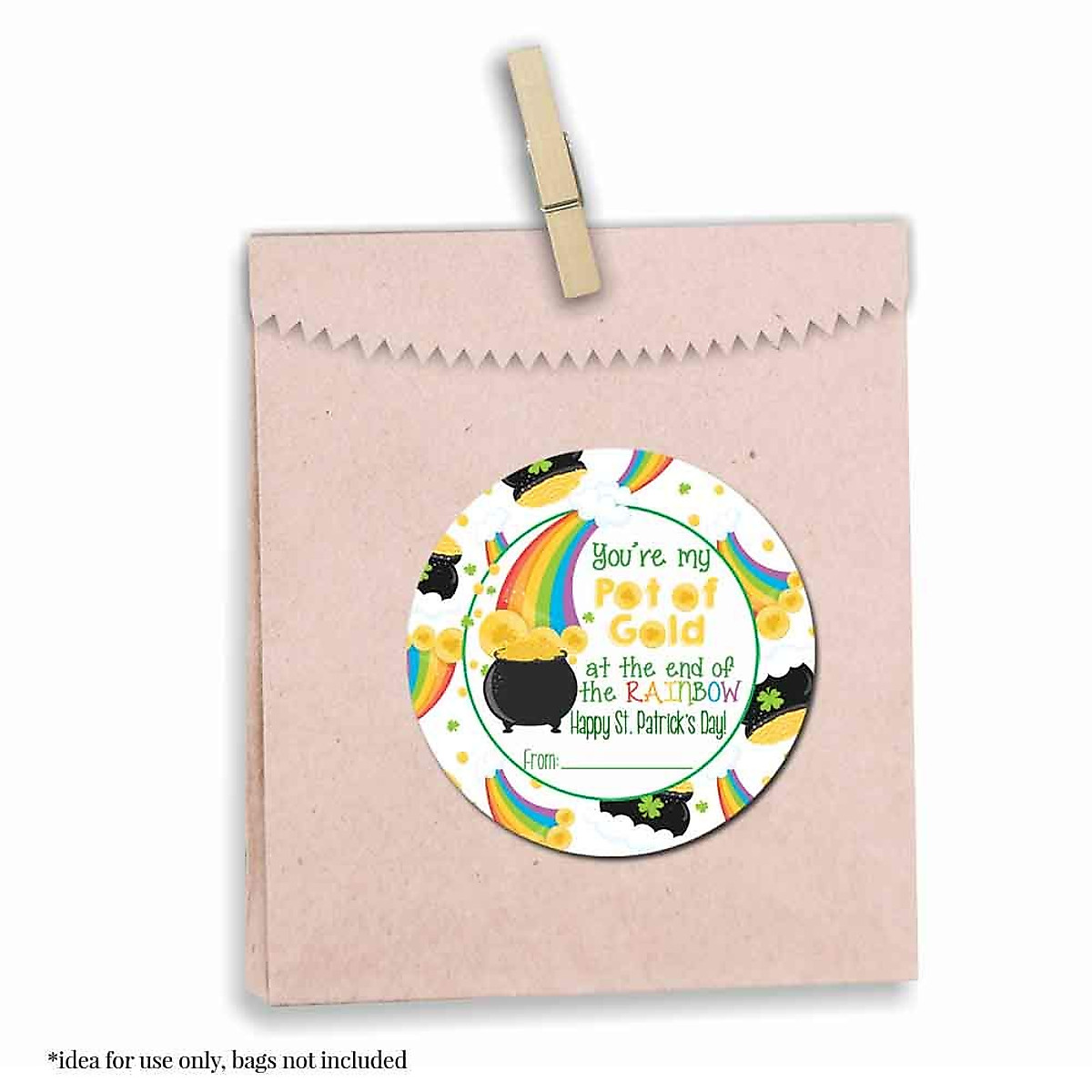 Pot of Gold Rainbow St. Patrick’s Day Gift Tag Sticker Labels, 40 2" Party Circle Stickers by AmandaCreation, Great for Party Favors, Envelope Seals & Goodie Bags