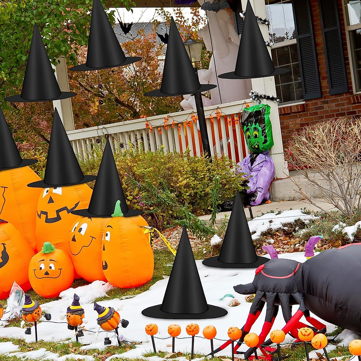 LANLV Halloween Costume Witch Hat Set - 10 Pieces Black Witches Hats with 100 Yards Hanging Rope for Party Yard Decoration