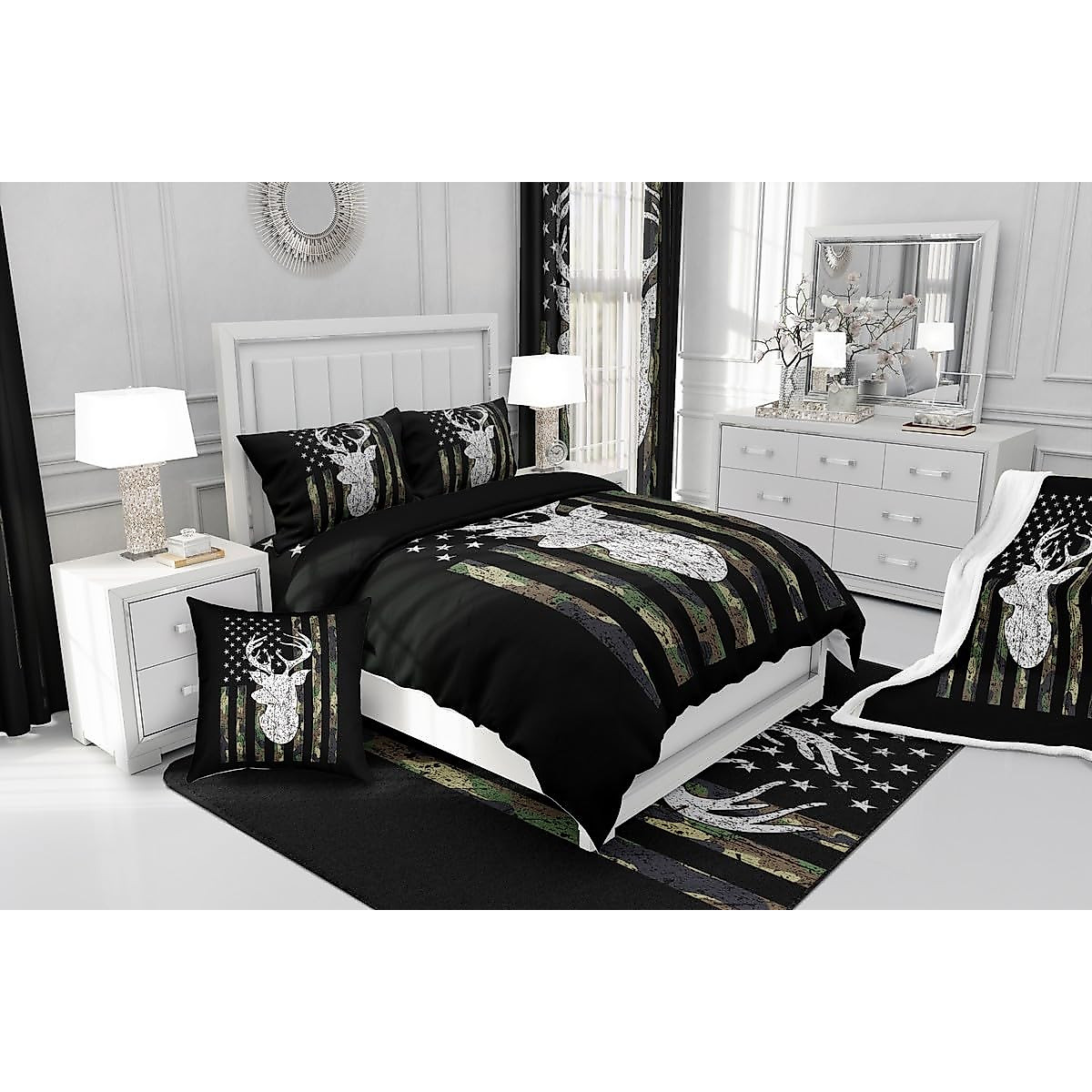 Deer Camo Comforter Set Queen Antlers Hunting Camo Bedding Sets For Teen Boys Men Camouflage American Flag Bed Comforter Set ,Western Farmhouse Wild Animal Bedding Quilt Black White Home Decor 3 Pcs