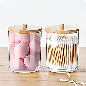 COSMARK 2 Pack Acrylic Qtip Holder Apothecary Jars with Bamboo Lids for Cotton Ball Pad Round Swab