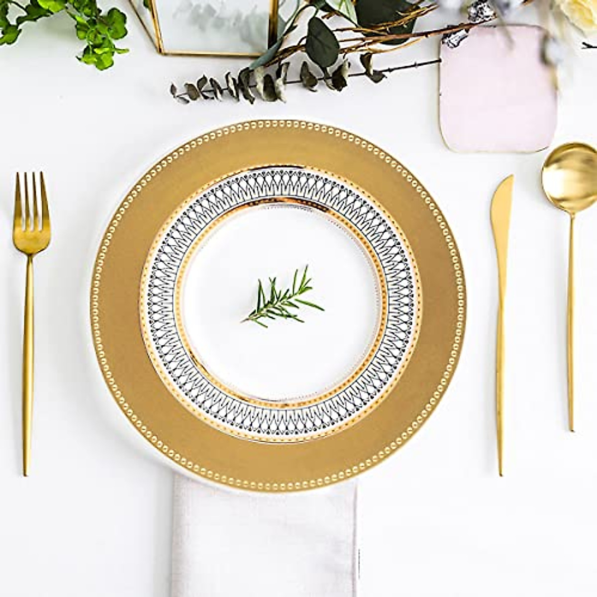 Cezoyx 12 Pack Gold Charger Plates with Beaded, 13 Inch Round Charger for Dinner Plate - Plastic Decor Charger Plate for Wedding, Party, Restaurant, Thanksgiving, Family Gathering