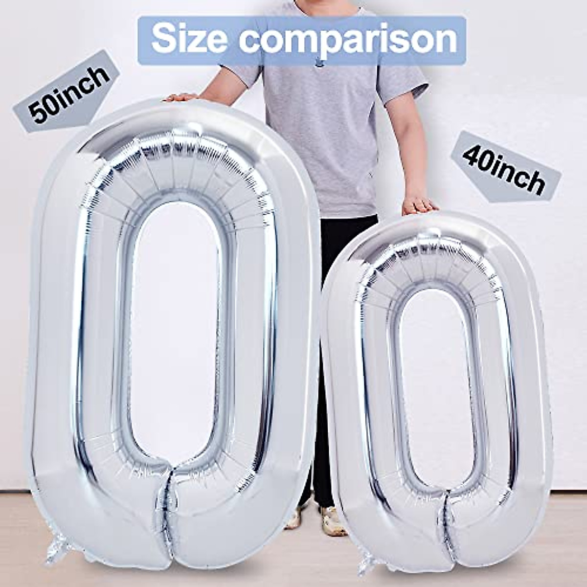 TONIFUL 50 Inch Large Silver Number Balloons 0-9, Foil Mylar Big Digital Balloon Number 0 Digit zero for Birthday Party, Wedding, Bridal Shower, Engagement, Photo Shoot, Anniversary (Silver zero)
