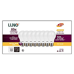 LUNO A19 Non-Dimmable LED Bulb, 9.0W (60W Equivalent), 800 Lumens, 4000K (Neutral White), Medium Base (E26), UL Certified (8-Pack)