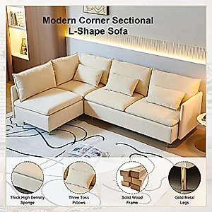 GreatHome L-Shaped Modular Sectional Couch, 4-Seater Corner Sectional Sofa, Modern Beige Fabric L Sofa with 3 Pillows Included and Gold Metal Legs, for Small Space