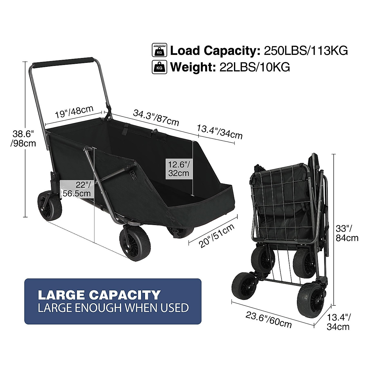 REDCAMP Folding Dog Wagon Cart with Extendable Rear End Heavy Duty, 220L Large Collapsible Utility Pet Wagon Garden Cart with Brakes for Sand Camping Sports Shopping