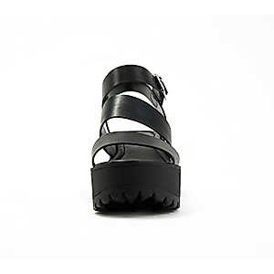 Soda ACCOUNT ~ Women Open Toe Two Bands Lug sole Fashion Heel Sandals with Adjustable Ankle Strap (Black, numeric_7)