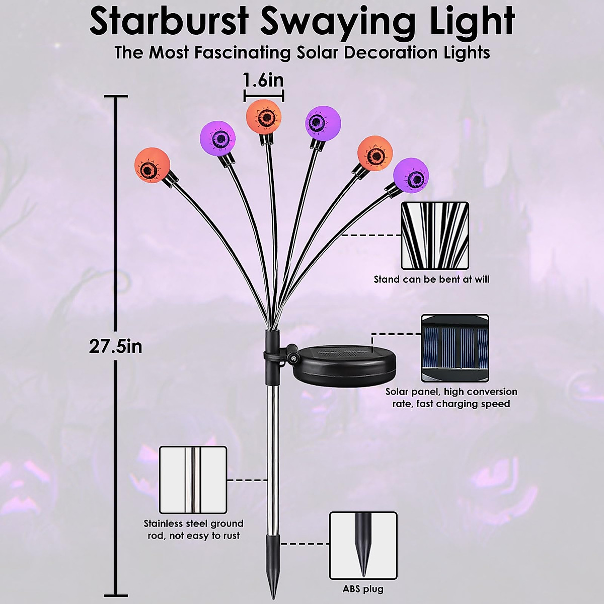 6 𝓟𝓐𝓒𝓚 𝓗𝓪𝓵𝓵𝓸𝔀𝓮𝓮𝓷 Halloween Scary Solar Eyeballs Garden Lights, 6 Pack Halloween Lights Outside, Solar Firefly Lights Outdoor，Solar Swaying Lights for Garden Path Decor (Purple&Orange)