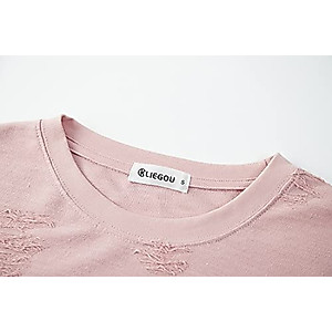 KLIEGOU Mens Hipster Hip Hop Ripped Round Hemline Hole T Shirt(1705) (Large, Pink)