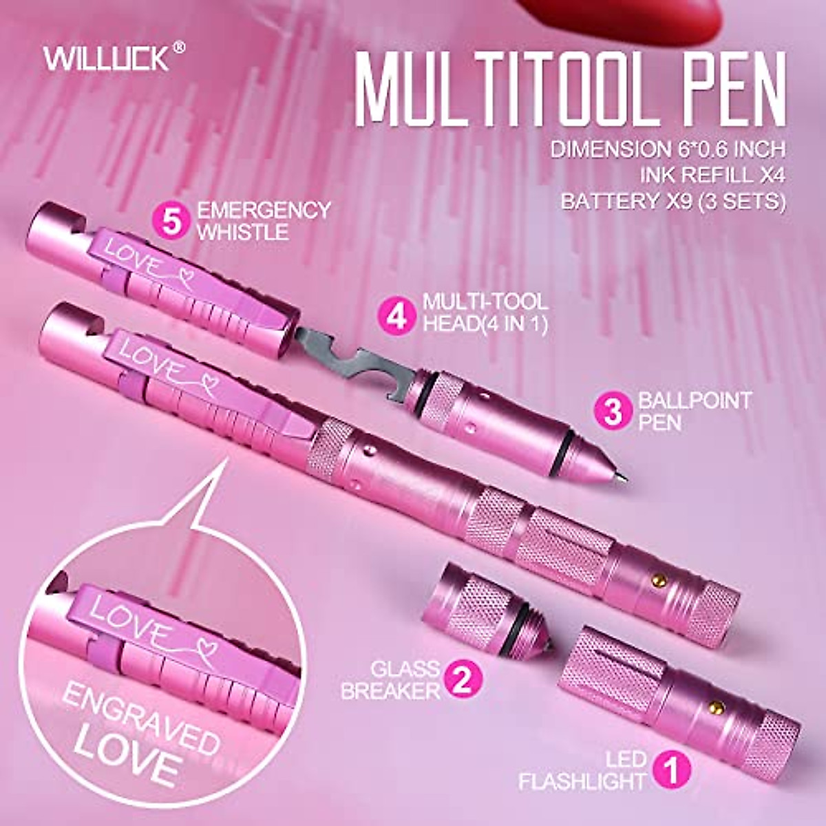 WILLUCK Mothers Day Love Gifts for Her Women Mom,”LOVE” Pink Multitool Pen with Flashlight, Anniversary Valentines Day Birthday Gifts for Women Wife Girlfriend,Stocking Stuffers for Women