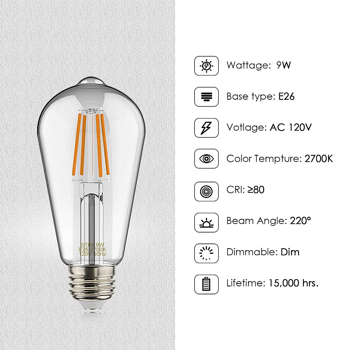 helloify ST64 LED Filament Bulbs, 100W Equivalent, Edison Vintage Dimmable Energy Efficient Lamp for Pendant Wall Light Fixtures Office Bedroom Bathroom, E26 Base, Warm White 2700K, 4PCS