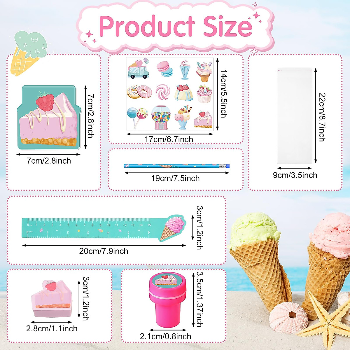 PerKoop 168 Pcs Ice Cream Party Favors Include Mini Notebook Sticker Pencil Stationery Gift Set Sweet One Party Favor Supply for Candyland Donuts Birthday Decoration Classroom Reward Stuffer Filler