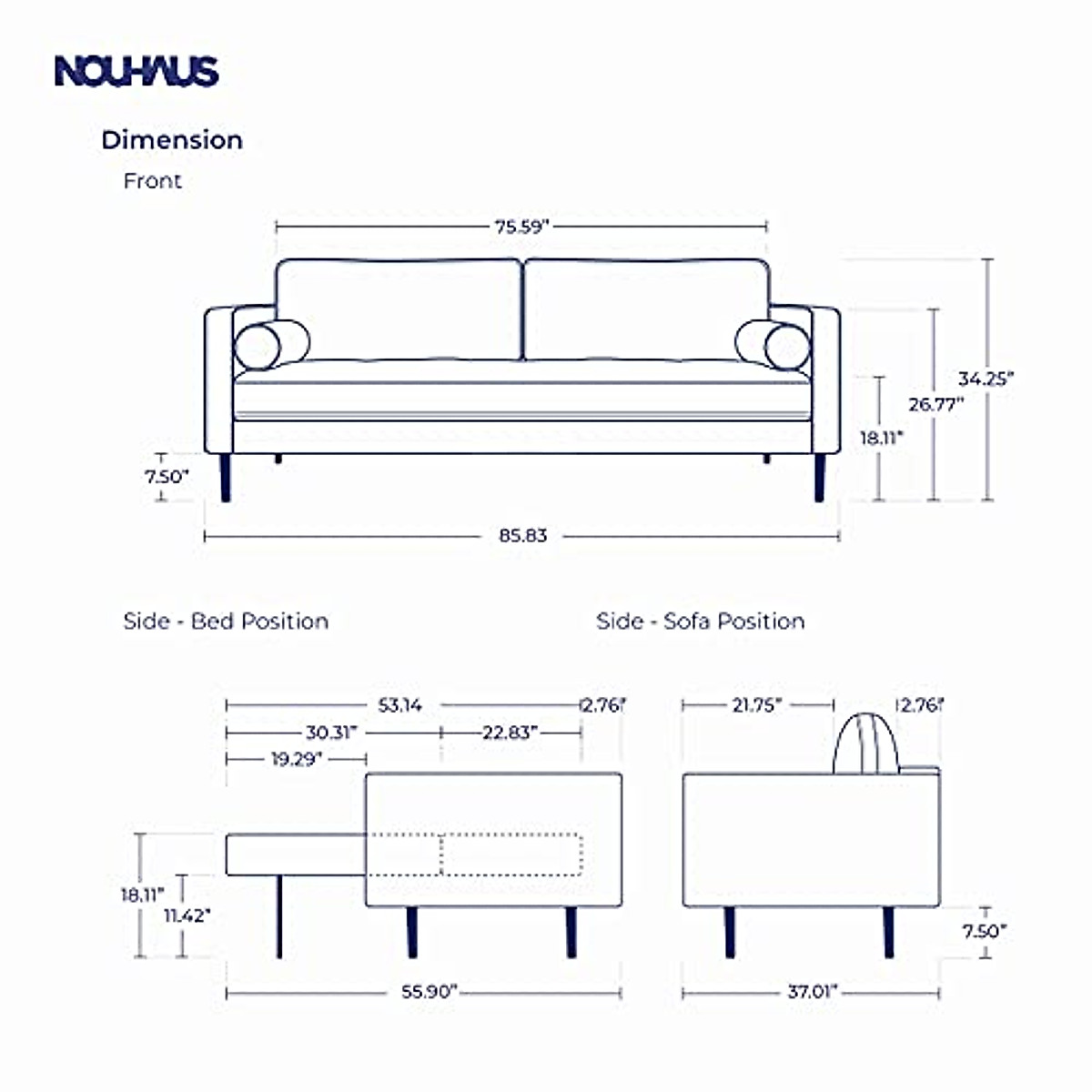 Nouhaus Module, Sleeper Sofa Bed Couch. 7ft Luxury Convertible Sofa Futon Bed with No Roll Together Latex. Moss Woven Pull Out Couch Bed for Bedroom Couch, Small Apartment Furniture Sofas or RV Couch