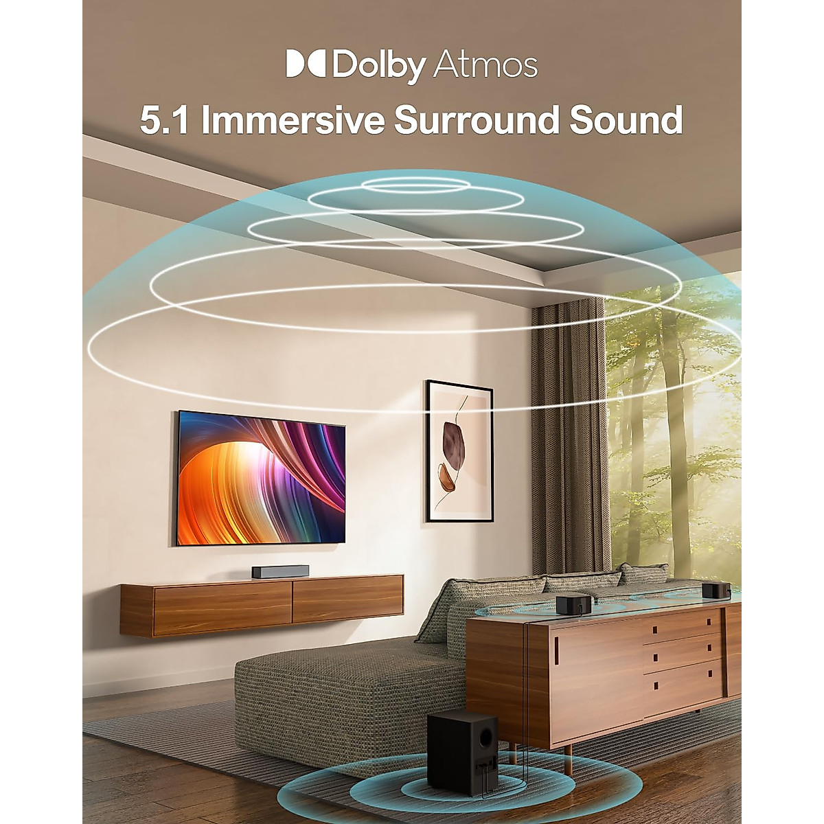 ULTIMEA 5.1 Sound Bar Compatible with Dolby Atmos, Peak Power 410W, Sound Bar for Smart TV with Subwoofer, 3D Surround Sound System for TV, Surround and Bass Adjustable Home Theater, Poseidon D60