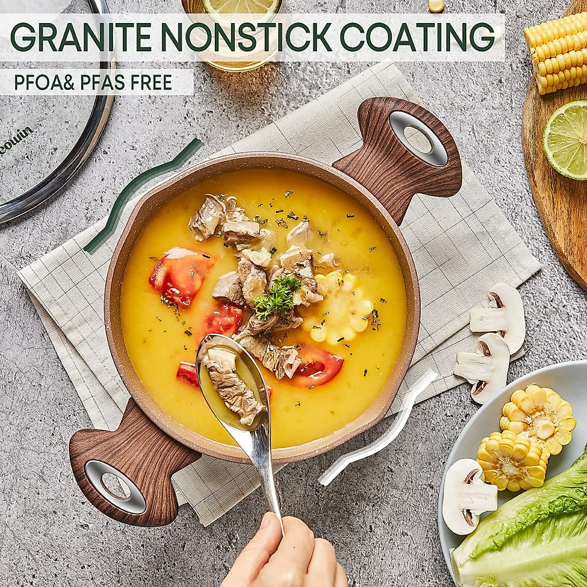 Ecowin Non Stick Dutch Oven StockPot with lid, 5 Quart Nonstick Stock Pot Soup Pot, Granite Pasta Pot Cooking Pot, Casserole with Double Handles, Induction Compatible, Dishwasher Safe, PFOA Free