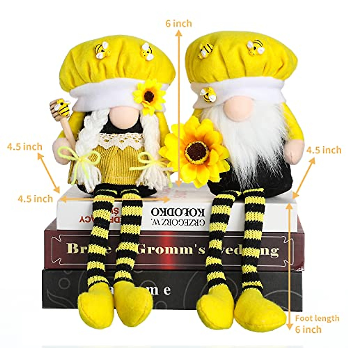 Argodaze 2PCS Bumble Bee Long Feet Gnomes Mr and Mrs Lovely Elf for Home Handmade Honeybee Plush Rustic Farmhouse Tomte