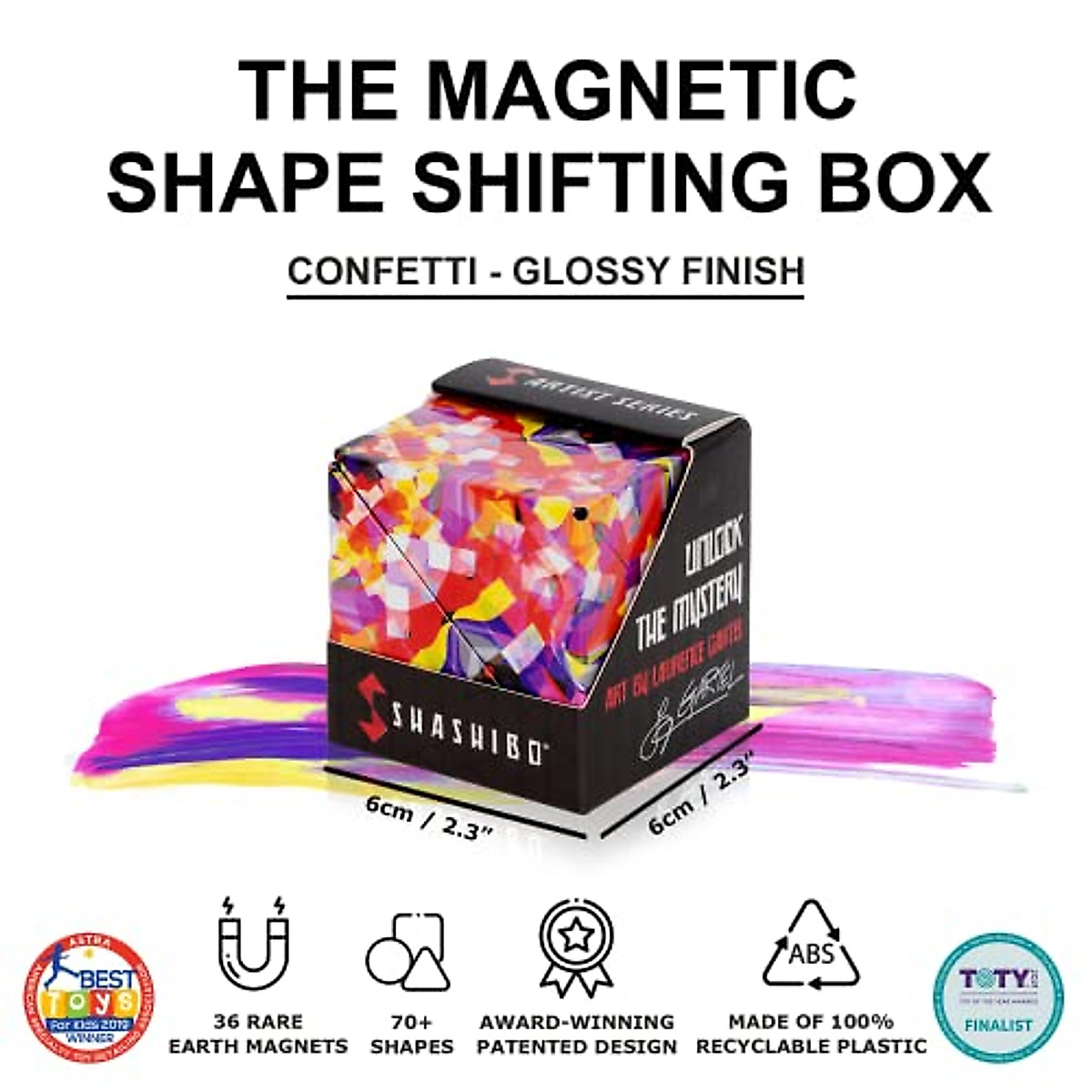 SHASHIBO Shape Shifting Box - Award-Winning, Patented Fidget Cube w/ 36 Rare Earth Magnets - Transforms Into Over 70 Shapes, Download Fun in Motion Toys Mobile App (Artist Series - Confetti)