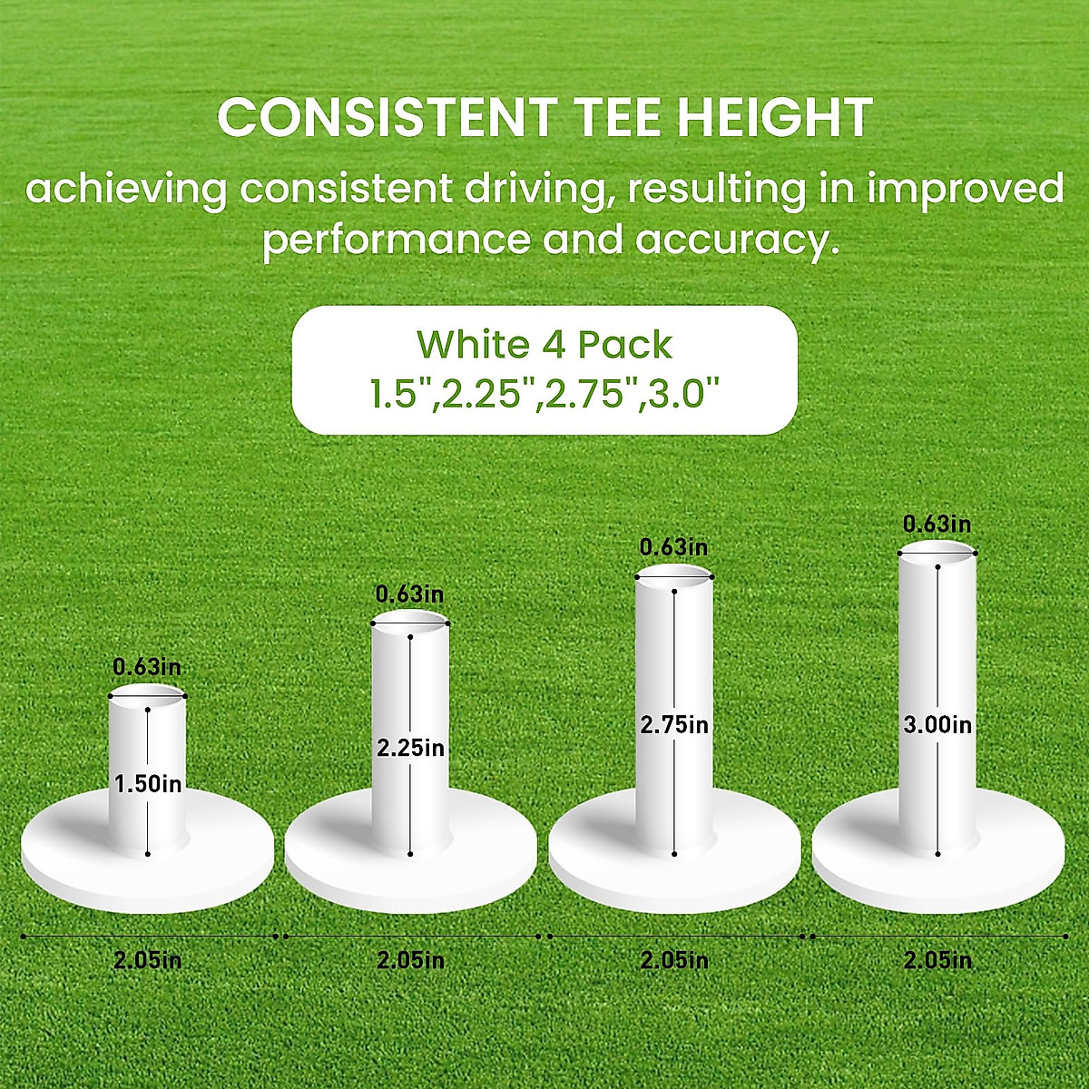 FINGER TEN Golf Rubber Tees Driving Range Value 3/4 Pack, Mixed or Same Size 1.5’’ 2.25’’ 2.75’’ 3’’ for Practice Mat (4 Pack(1.5,2.25,2.75,3)-White)