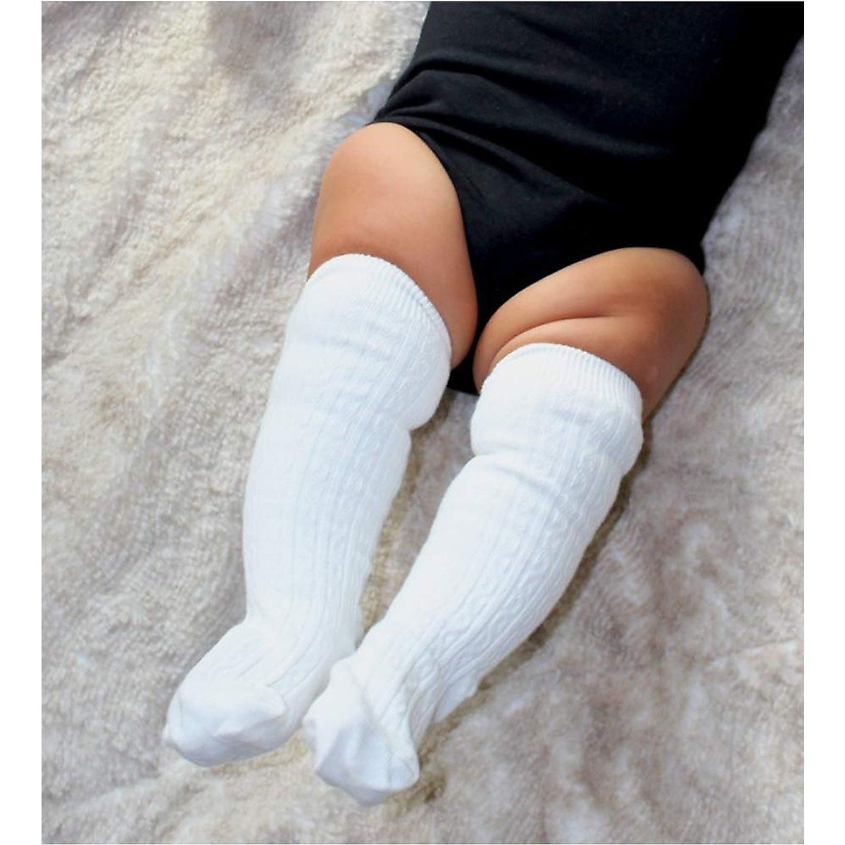 Yenzat Toddler Knee High Socks Cable Knit Long Stockings Baby Girls Boys White 2T-3T 3 Pairs