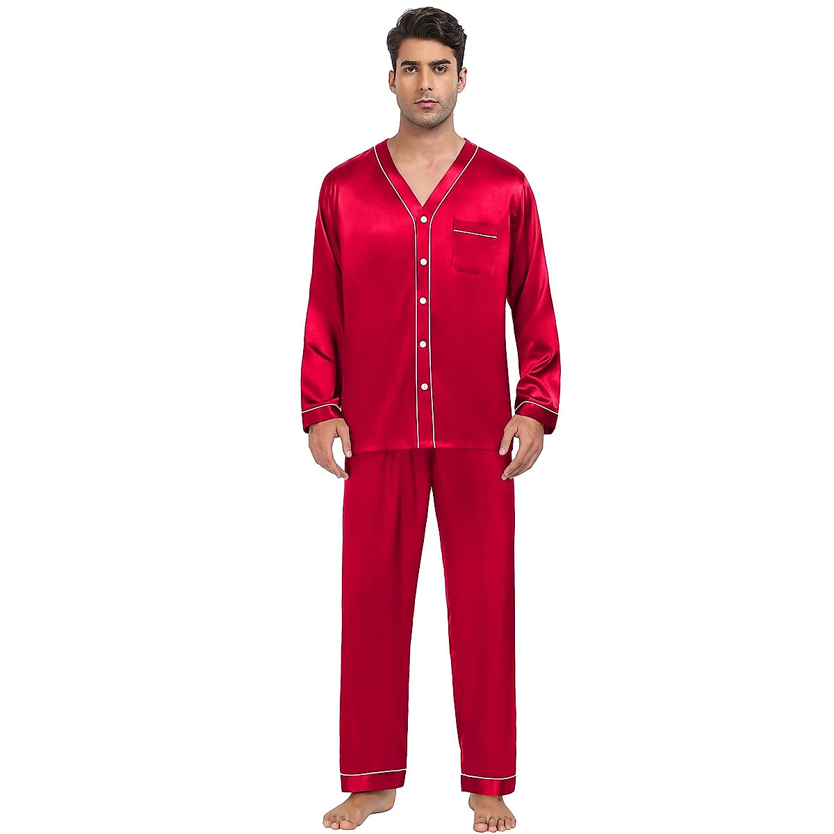 SWOMOG Satin Couples Matching Pajamas Set Silk Long Sleeve Sleepwear Nightwear Loungewear Red
