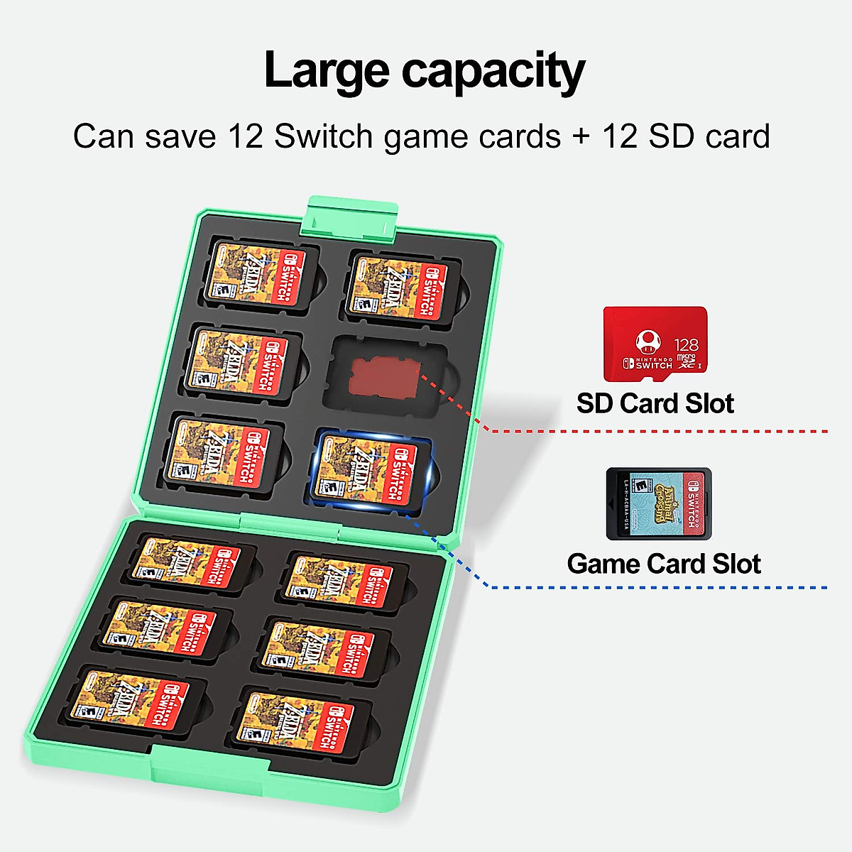 JINGDU JEMDO 12-Slot Switch Game Card Case Compatible with Switch Game & Micro SD Cards, Hard Shell, Soft Lining, The Cute Games Cartridge Holder Organizer Suitable for NS/Lite/OLED Game Card, Leaf