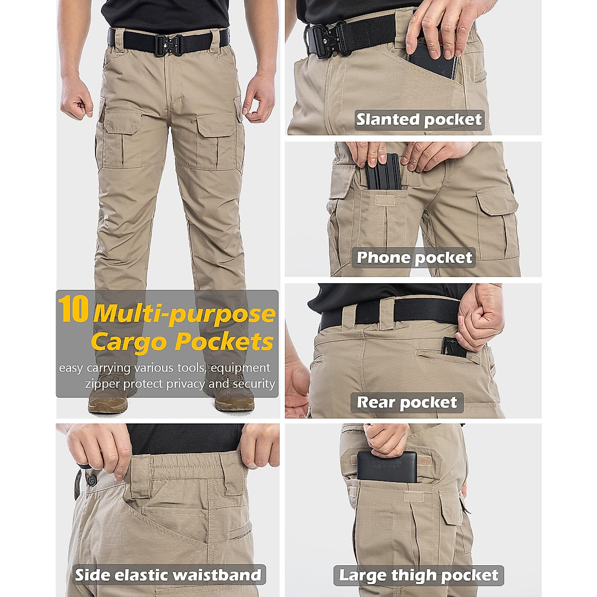 NAVEKULL Men's Outdoor Tactical Pants Rip Stop Lightweight Waterproof Military Combat Cargo Work Hiking Pants Khaki