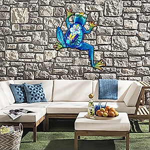 John's Studio Frog Wall Decor Outdoor Metal Garden Hanging Art Glass Sculptures Home Theme Decorations for Living Room, Bedroom Yard, Fence and Patio - 14 Inch Blue