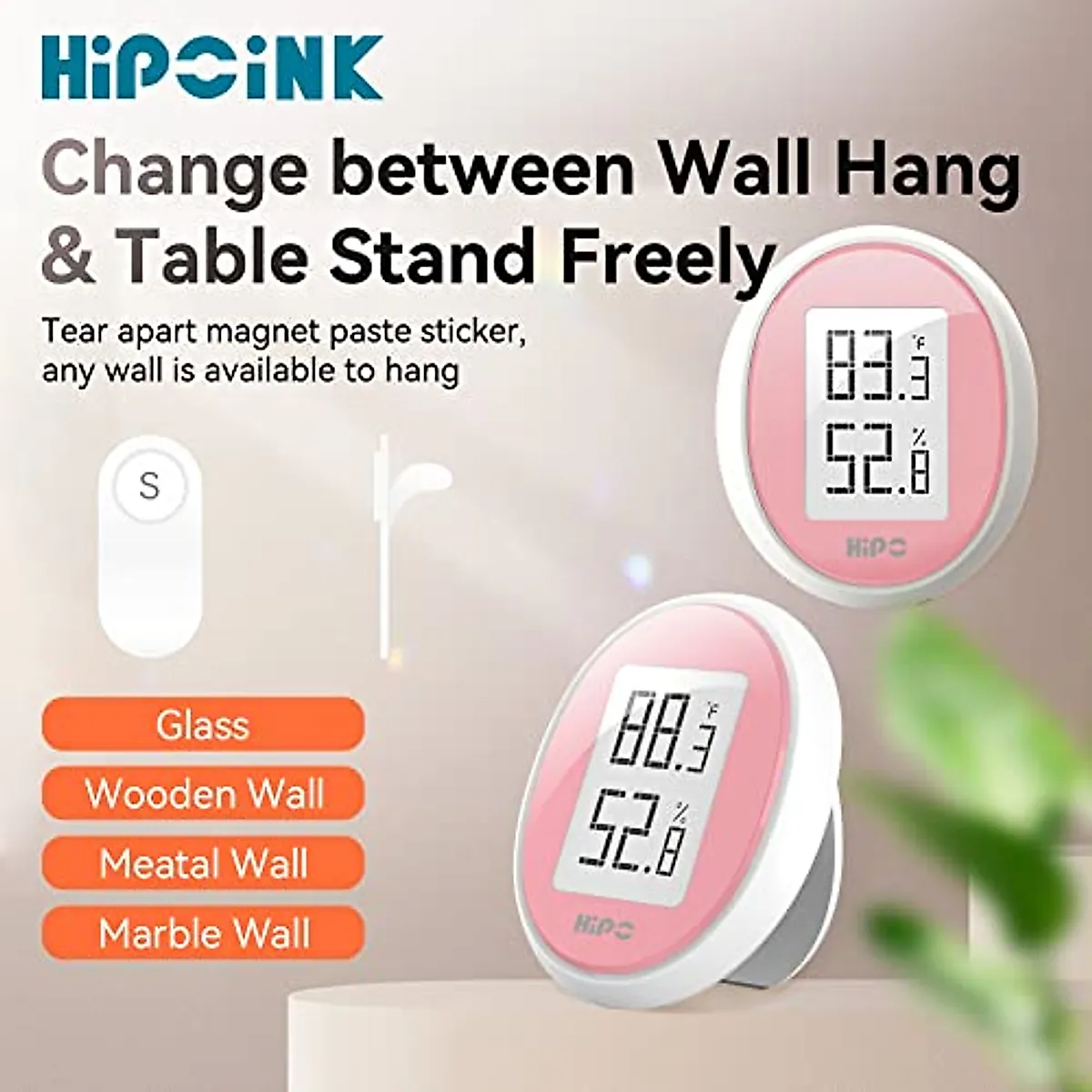 Hipoink Room Thermometer Hygrometer Indoor Humidity Meter and Temperature Monitor Gauge (HD E-Paper Screen) for Home, Baby Nursury Tiny Room House, Office Desk,No-Punch Magnetic Hanging(Pink)