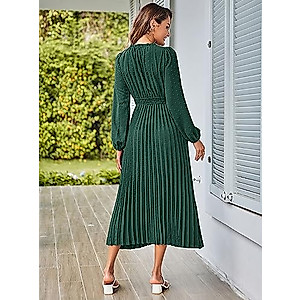 MEROKEETY Womens Elegant Long Lantern Sleeve V Neck Swiss Dot Ruffle Flowy Wedding Guest Dress,DarkGreen,M