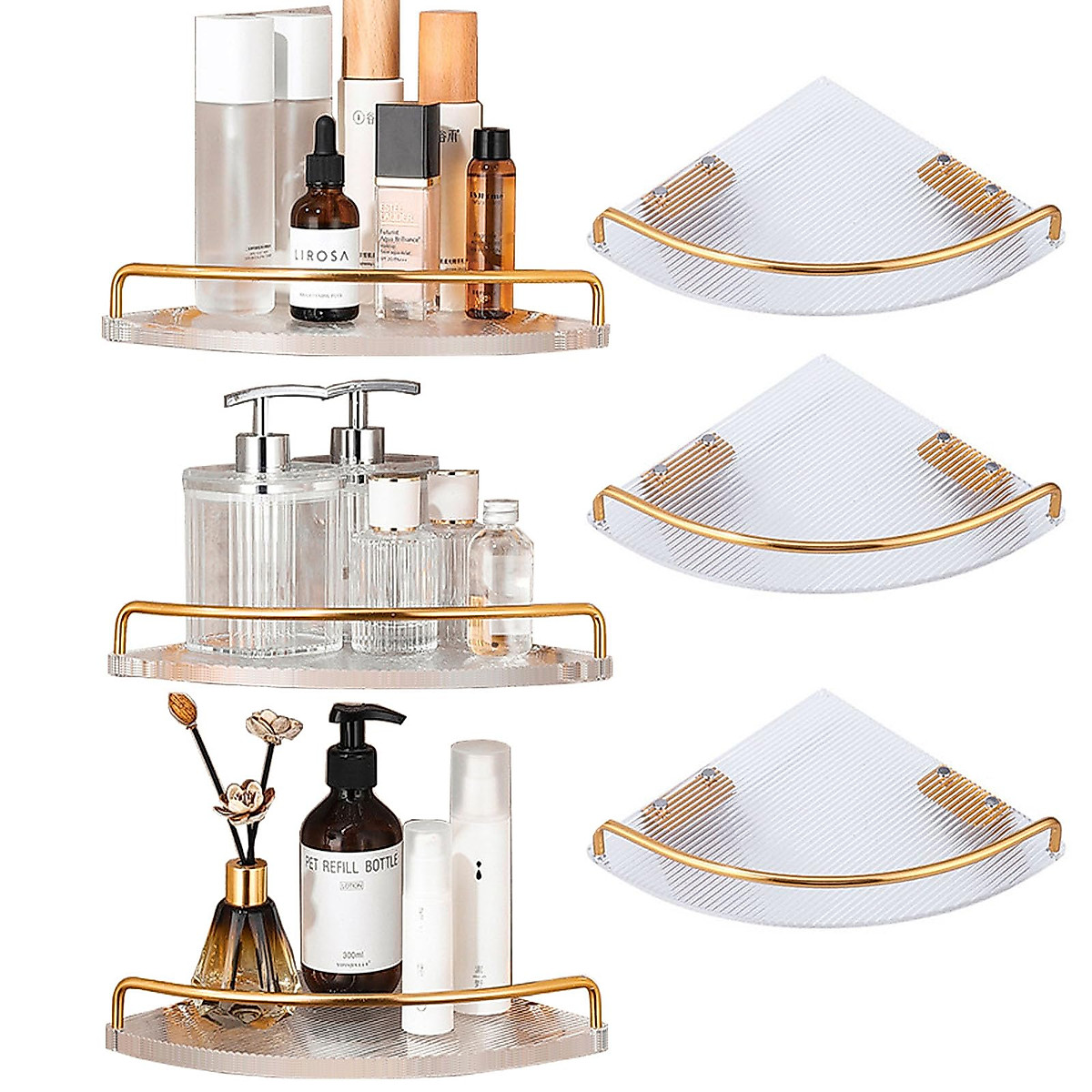 V-HOME Corner Shelf Wall Mount, Set of 3 Floating Corner Shelf Shower Corner for Bathroom Storage 3 Tier Corner Display Rack Shower Caddy (Acrylic Gold)