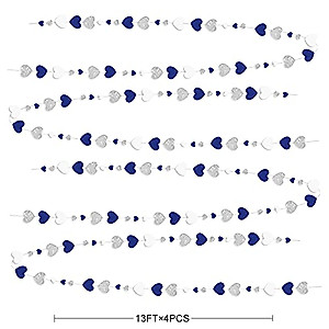 52 Ft Navy Blue Silver Love Heart Garlands Silver Royal Blue Hanging Streamer Banners for Anniversary Valentines Bachelorette Engagement Wedding Baby Bridal Shower Birthday Party Decorations Supplies