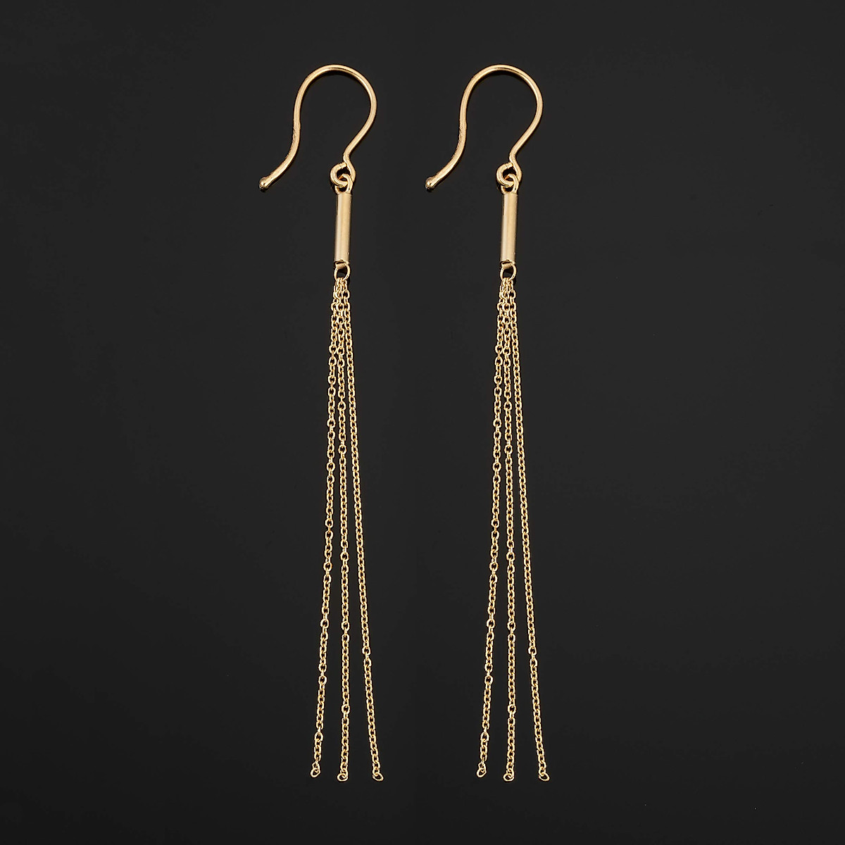 10k Yellow Gold Bar Tube Tassel Chain Dangle Hook Earrings (2.8 inches long)