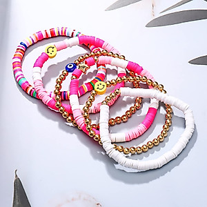28-30Pcs Heishi Surfer Bracelets Set Colorful Preppy Evil Eye Star Beaded Stretch Bracelets Clay Stackable Boho Disc Bracelets Y2k Aesthetic Summer Beach Jewelry for Women Teens, beads, not know