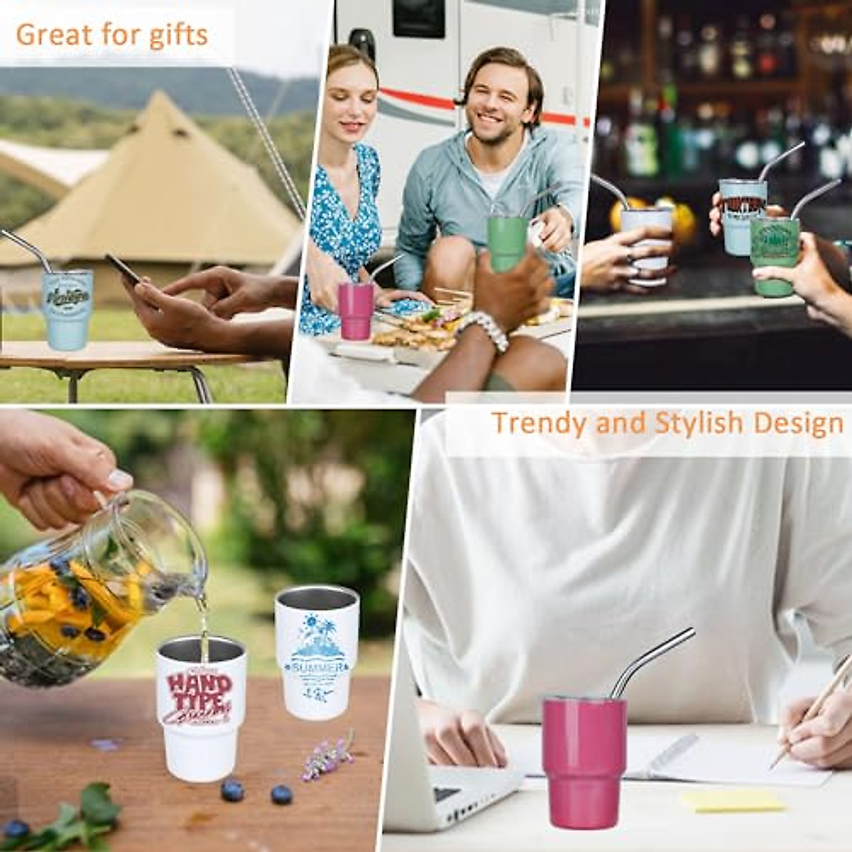 Joytra 8 Pack 3 oz Sublimation Mini Tumbler Shot Glass,Double Wall Vacuum Sealed Stainless Steel Insulated Cups with Lid and Straw,Thermos Travel Coffee Mug For Cocktail,Whiskey,Bar,White