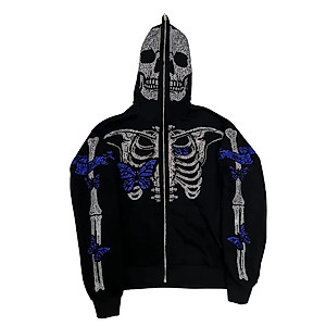Wociccou Halloween Zip Up Hoodie for Women Skeleton Hoodie Oversized Loose Fit Zipper Skull Hoodie Coat Y2K Jacket Blue