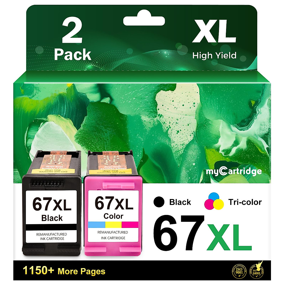 MYCARTRIDGE 67XL Remanufactured Ink Cartridge Replacement for HP 67XL (1 Black, 1 Tri-Color) for DeskJet 2755 2752 1255 DeskJet Plus 4155 4158 4140 Envy 6455 6052 6458 6055 Printer 67XL Ink Cartridge