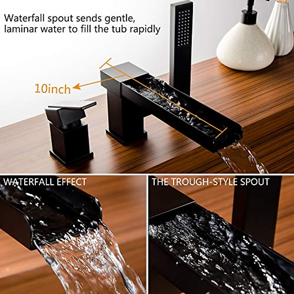 Artbath Roman Tub Faucet with Hand Shower, Deck-Mount Bathtub Faucet Tub Filler with Sprayer Waterfall Tub Faucet Set, Matte Black