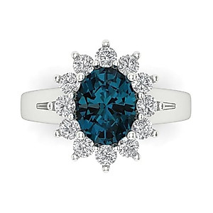 Clara Pucci 2.36 ct Oval Cut Solitaire Halo Natural London Blue Topaz Engagement Promise Anniversary Bridal Ring 18K White Gold 8.25