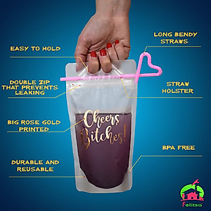 Bachelorette Drink Pouch Cups with Straws (Rose Gold) 16 Count, 15 Oz. - Engagement Party Decoration and Bride To Be Gift