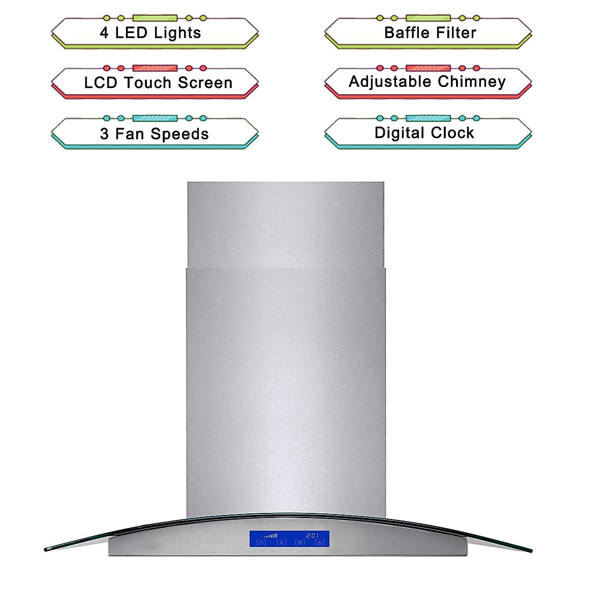 Tieasy Island Range Hood 36 inch 700 CFM Ceiling Mount Kitchen Stove Hood Ducted with Tempered Glass 4 LED Lights Touch Control 3 Speed Fan Permanent Filters