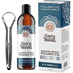 GuruNanda Advanced Formula Oil Pulling with Tongue Scraper - Oil Pulling for Healthy Teeth & Gums with Vitamin D,E - Coconut Oil Natural Mouthwash, Helps with Fresh Breath & Teeth Whitening (8Fl. Oz)