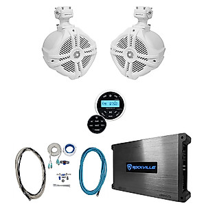 Rockville Bluetooth Receiver+6.5" White Marine Wakeboard Tower Speakers+Amp+Kit