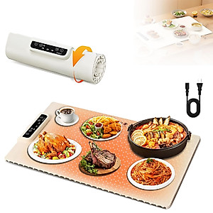 Tempmaster Adjustable Warming Tray, Roll up Heating Tray for Food Electric Warming Tray with Adjustable Temperature, Heating Tray with Nano Coating Silicone Heating Mat for Food, Daily Use (White, 1)