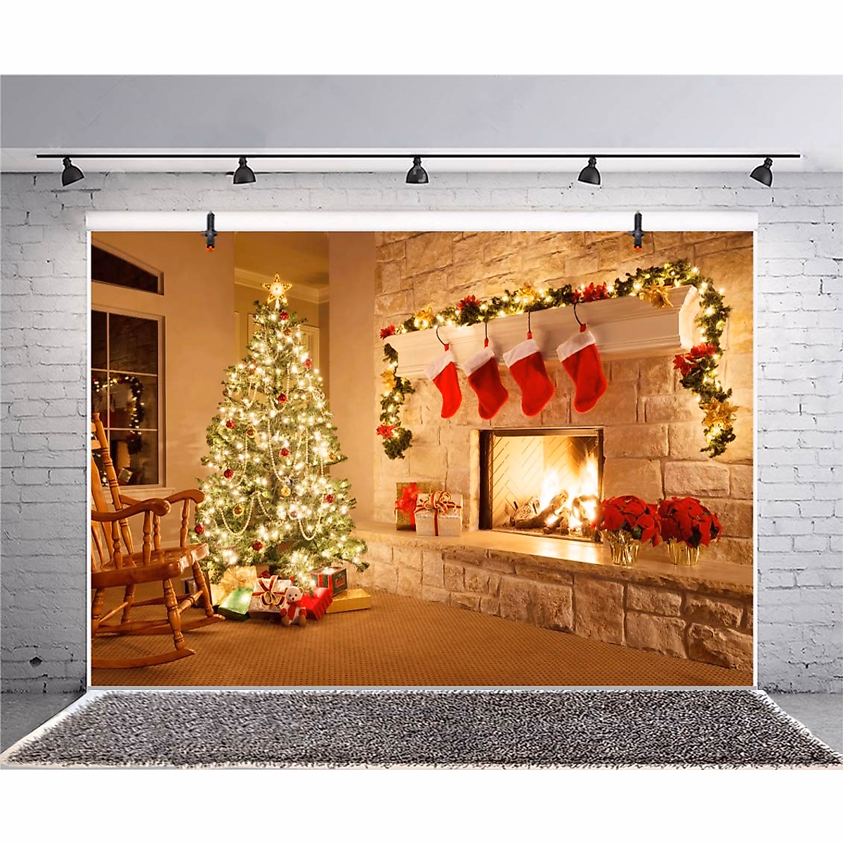 Leyiyi 10x8ft Photography Background Merry Christmas Backdrop Happy New Year Rustic Xmas Tree Pine Fireplace Socks Vintage Stone Wall Red Balls Cold Winter Wreath Gift Photo Portrait Vinyl Studio Prop