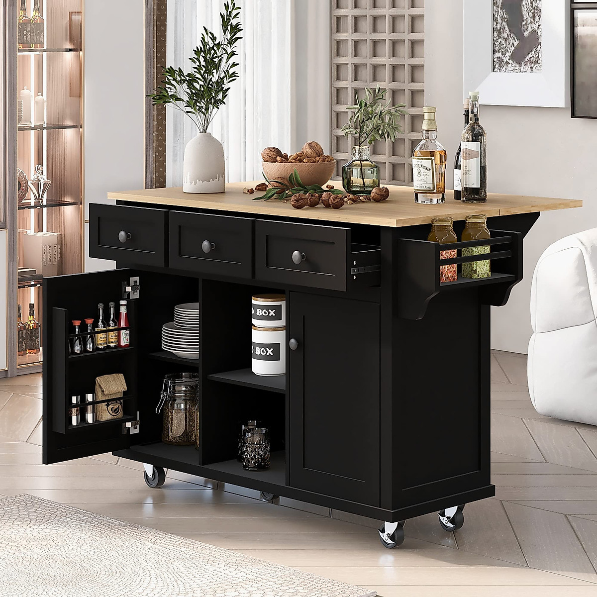 Kitchen Island Cart with Wood Drop-Leaf Top and 3 Drawers, Rolling Mobile Kitchen Island on 5 Wheels with Storage Cabinet, Internal Storage Racks, and Adjustable Shelves, 53.1 Inch Width (Black)