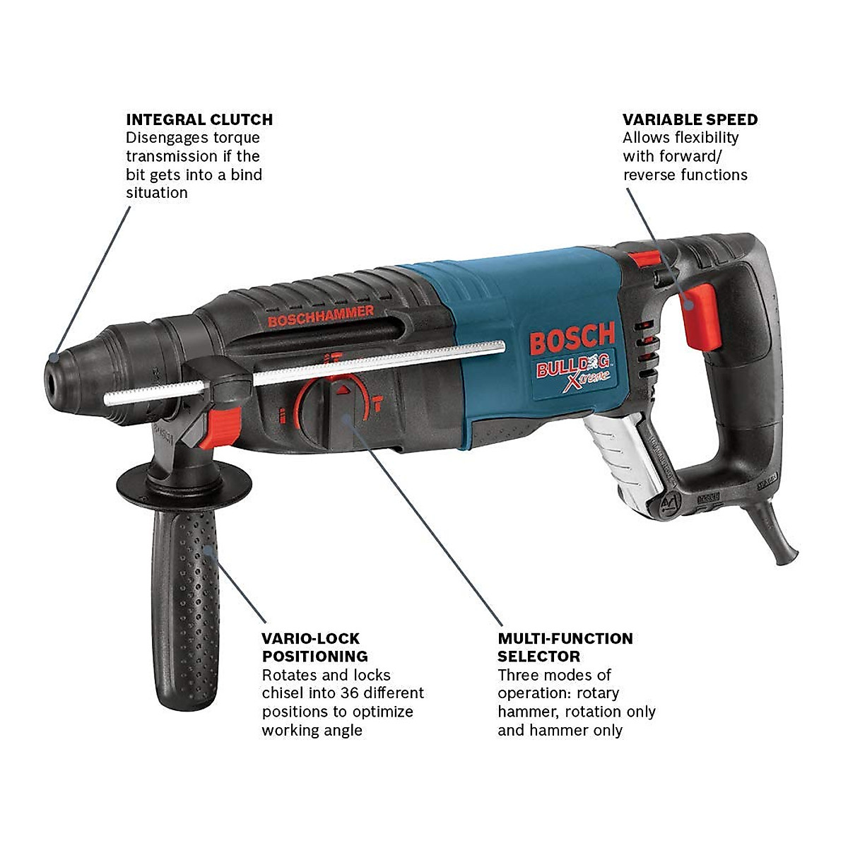 BOSCH 11255VSR Bulldog Xtreme 8 Amp 1 Inch Corded Variable Speed SDS-Plus Concrete/Masonry Rotary Hammer