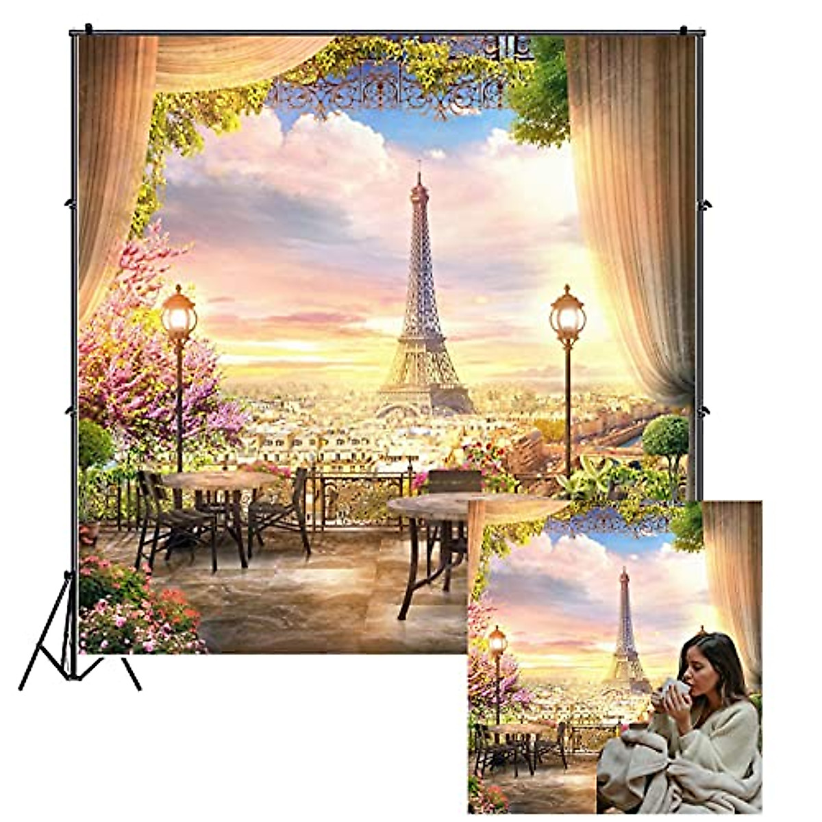Leowefowa 5X5FT Vinyl Backdrops Photography Background Eiffel Tower Wooden Chair Desk Curtain Flowers Romantic Backdrop for Kids Lover 1.5(W) X1.5(H) M Photo Studio Props