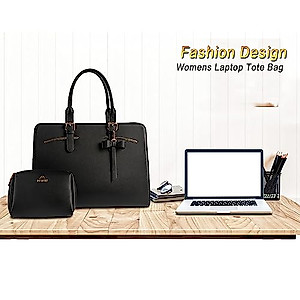 MATEIN 14 Inch Laptop Bag for Women, Lightweight PU Leather Computer Briefcase, Ladies Business Office Work Bag with USB Charging Port, Fashion Waterproof Shoulder Bag Handbags Purse 2pcs Set, Black