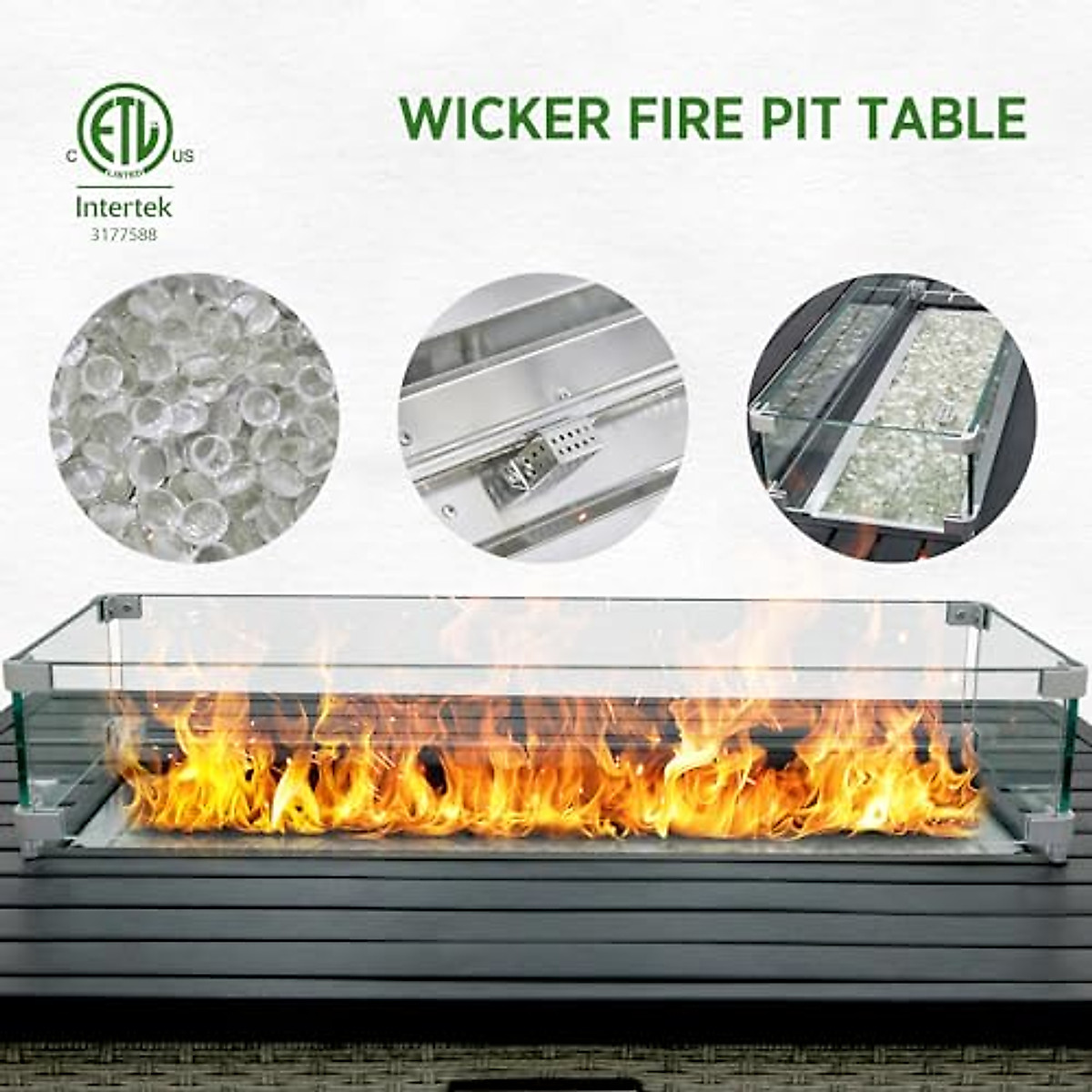 EAGLE PEAK 9 Piece Outdoor Wicker Patio Furniture Set with Fire Table, PE Rattan Sectional Conversation Sofa Set with Seating for 8 People, Light Blue