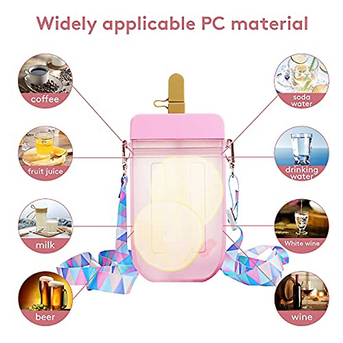 Popsicle Water Bottle with Strap, Creative Ice Cream Water Bottle, Cute Water Bottles with Straws, Transparent Water Jug Juice Drinking Cup Suitable for Camping Sports Shopping Kids School(Pink)